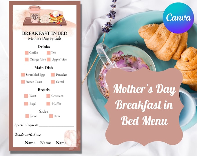 Editable Breakfast in Bed Menu Template | Perfect Mothers Day Gift ...