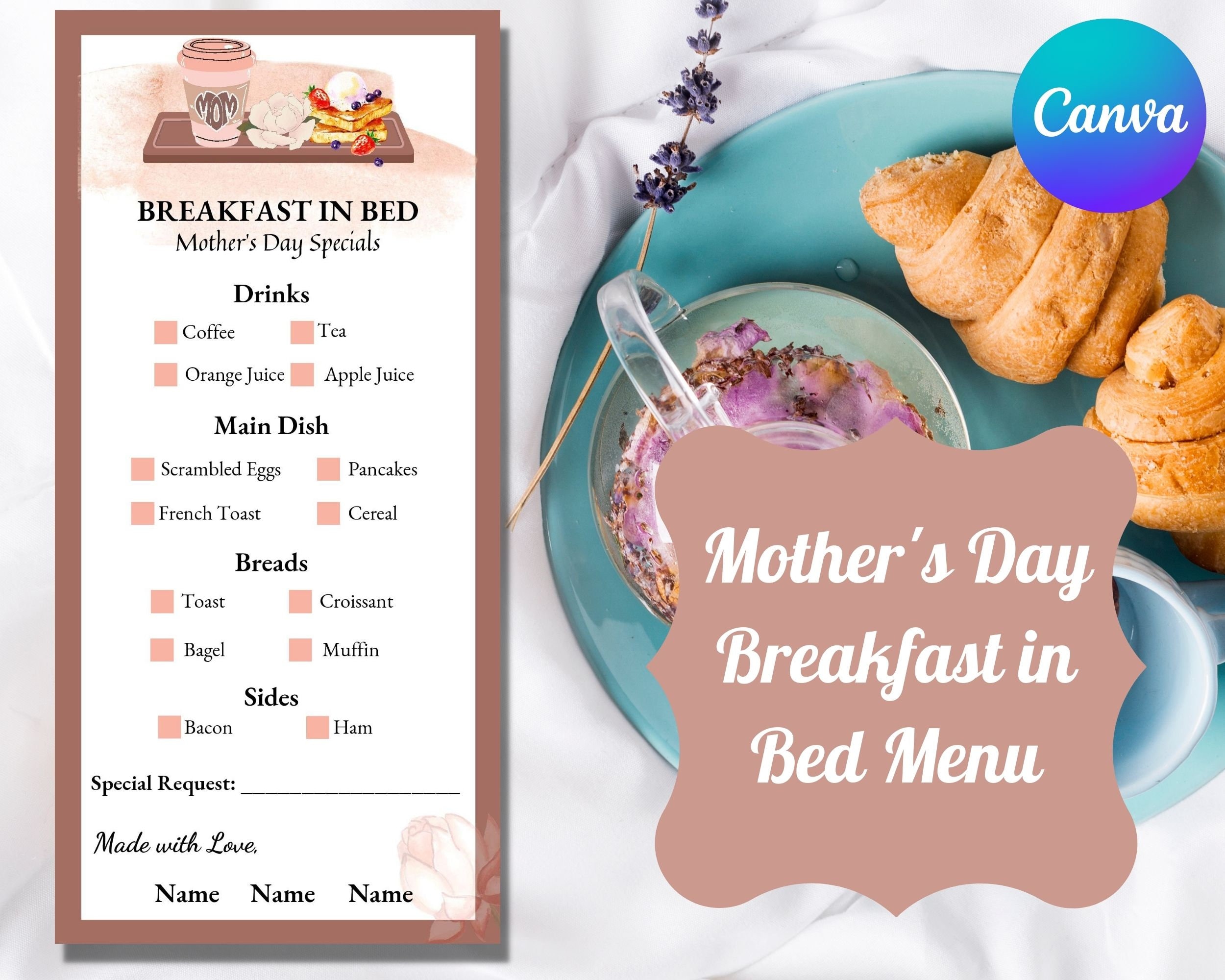 Mothers Day Menu, Breakfast in Bed Menu, Menu Template - Etsy