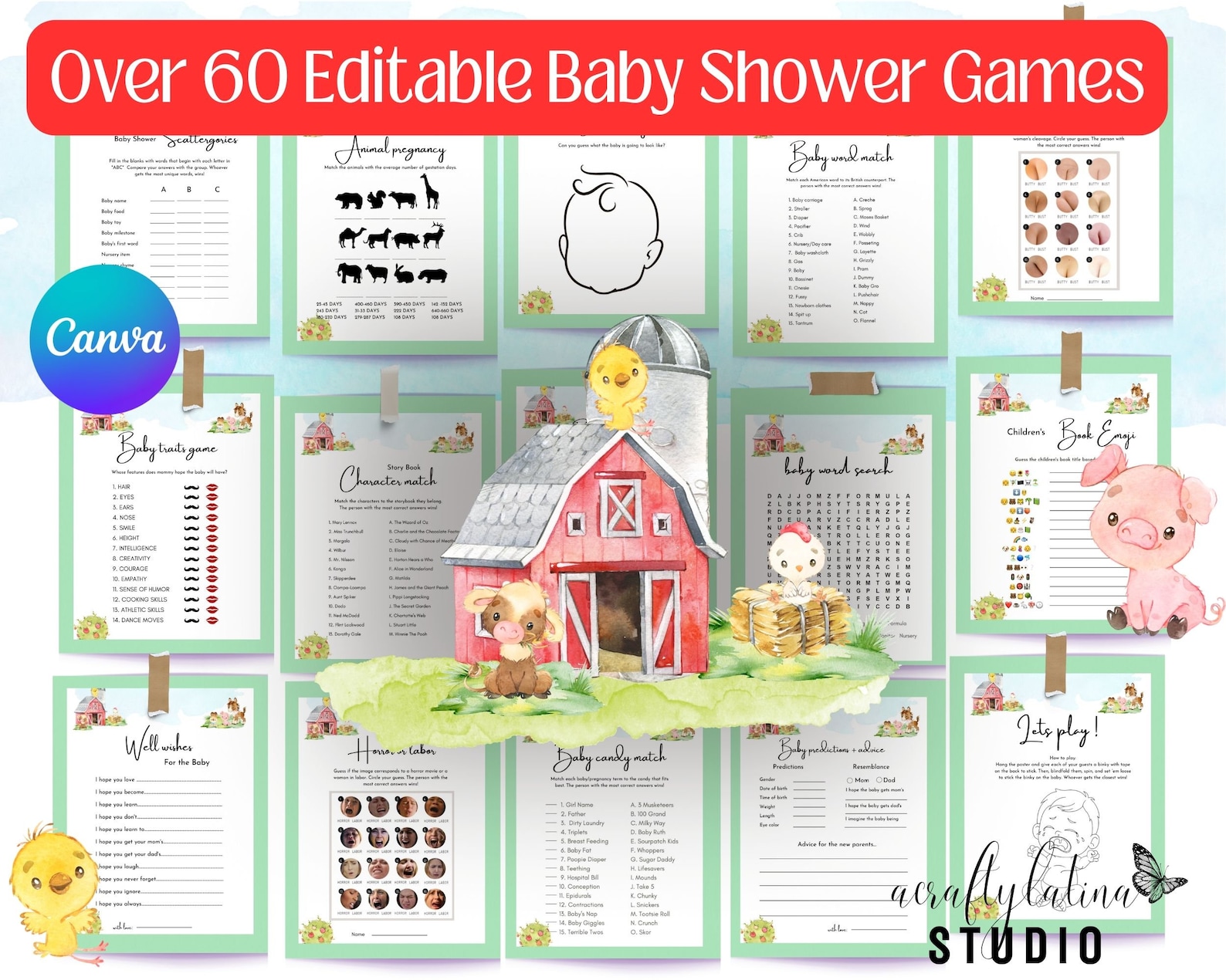 Farm Animals Baby Shower Game Bundle | Baby Animals Baby Shower Games ...