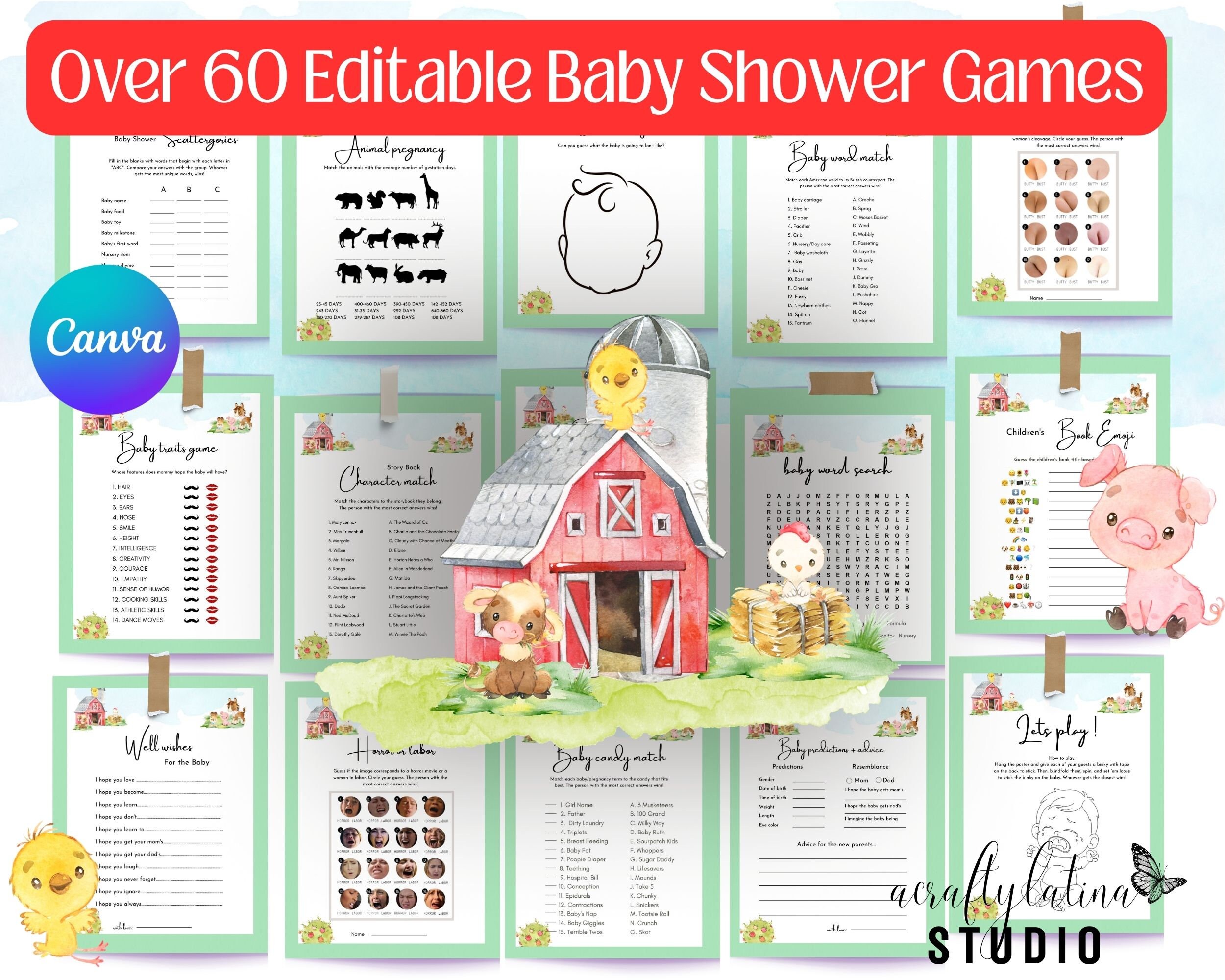 Farm Animals Baby Shower Game Bundle | Baby Animals Baby Shower Games ...