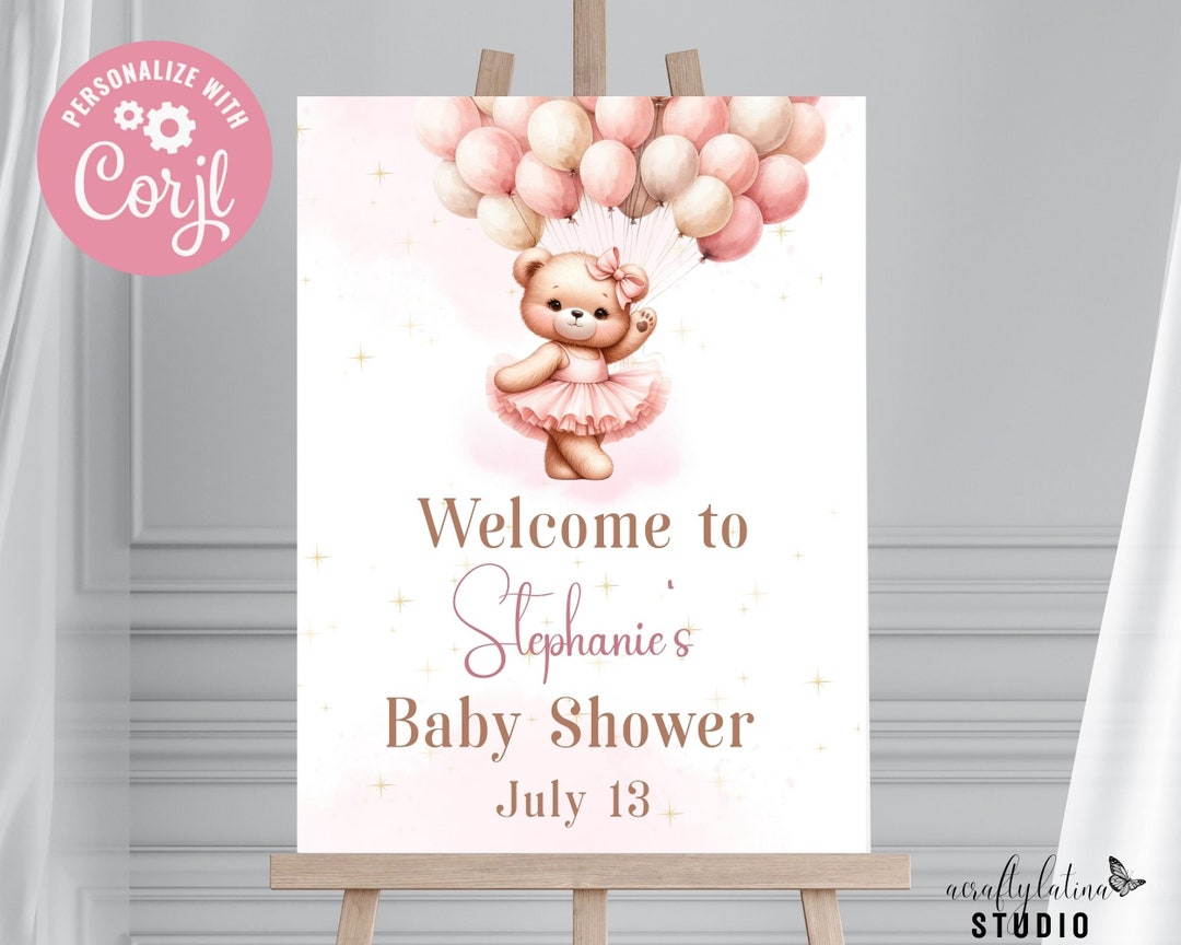 Teddy Bear Balloon Baby Shower Welcome Sign, It's a Girl Baby Shower ...