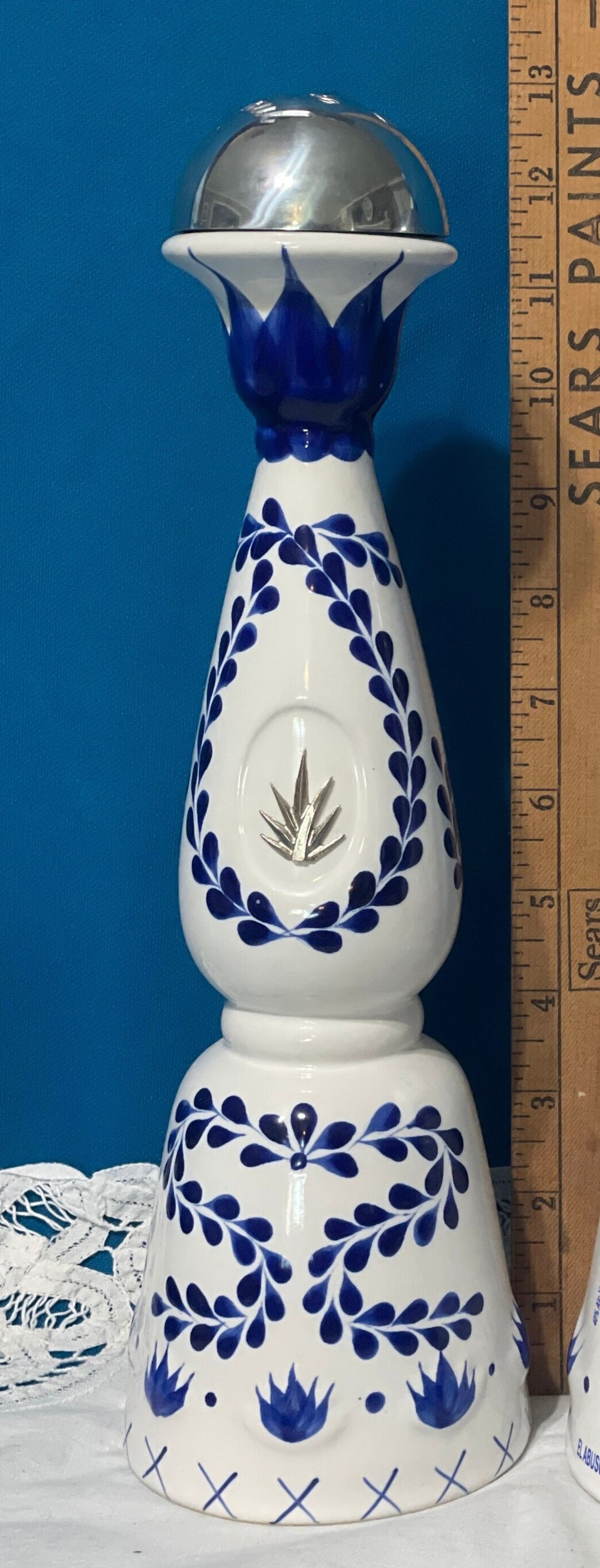 Clause Azul Hand Painted Bottle, Decanter, Blue on Cream Colored Bottle ...