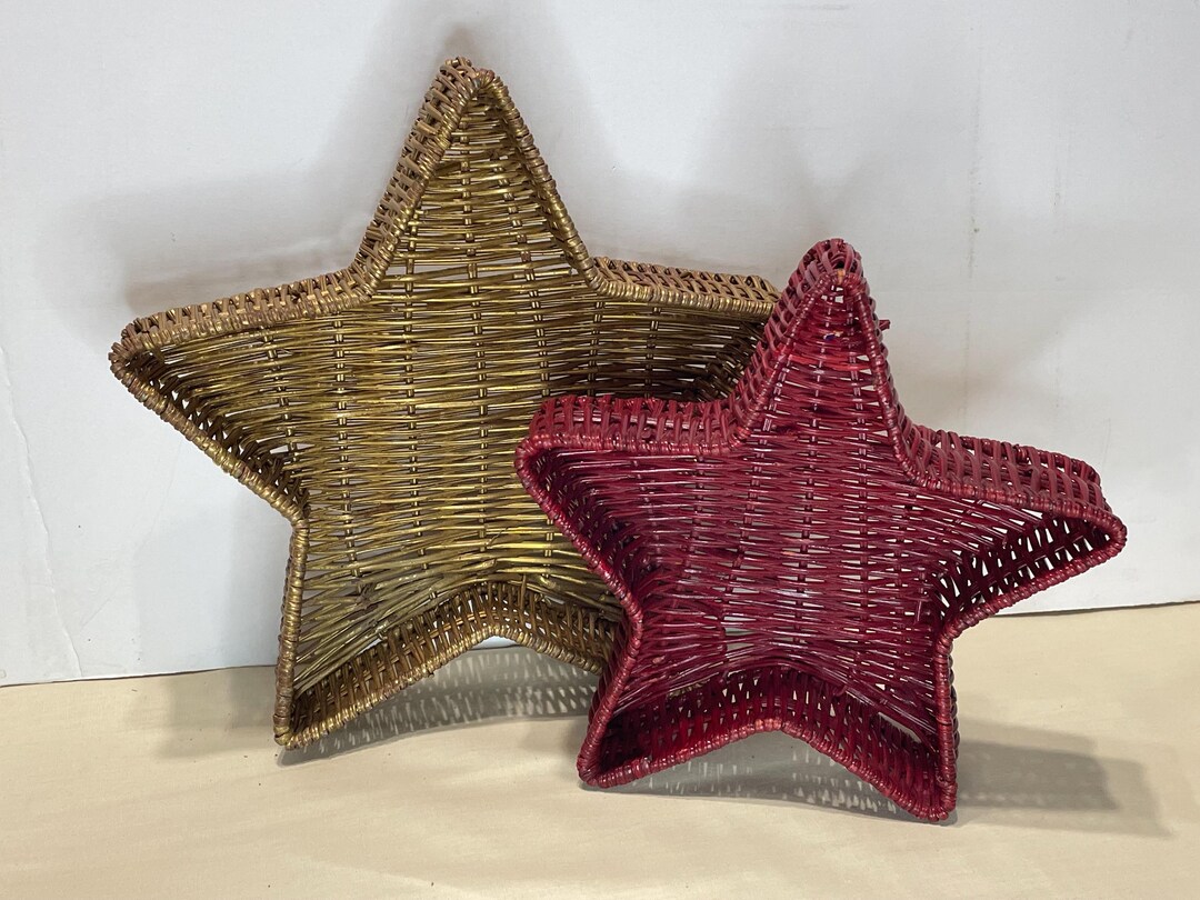 Wicker Star Baskets, Set of 2, Vintage From 80's Era, Gold and Dark Red ...