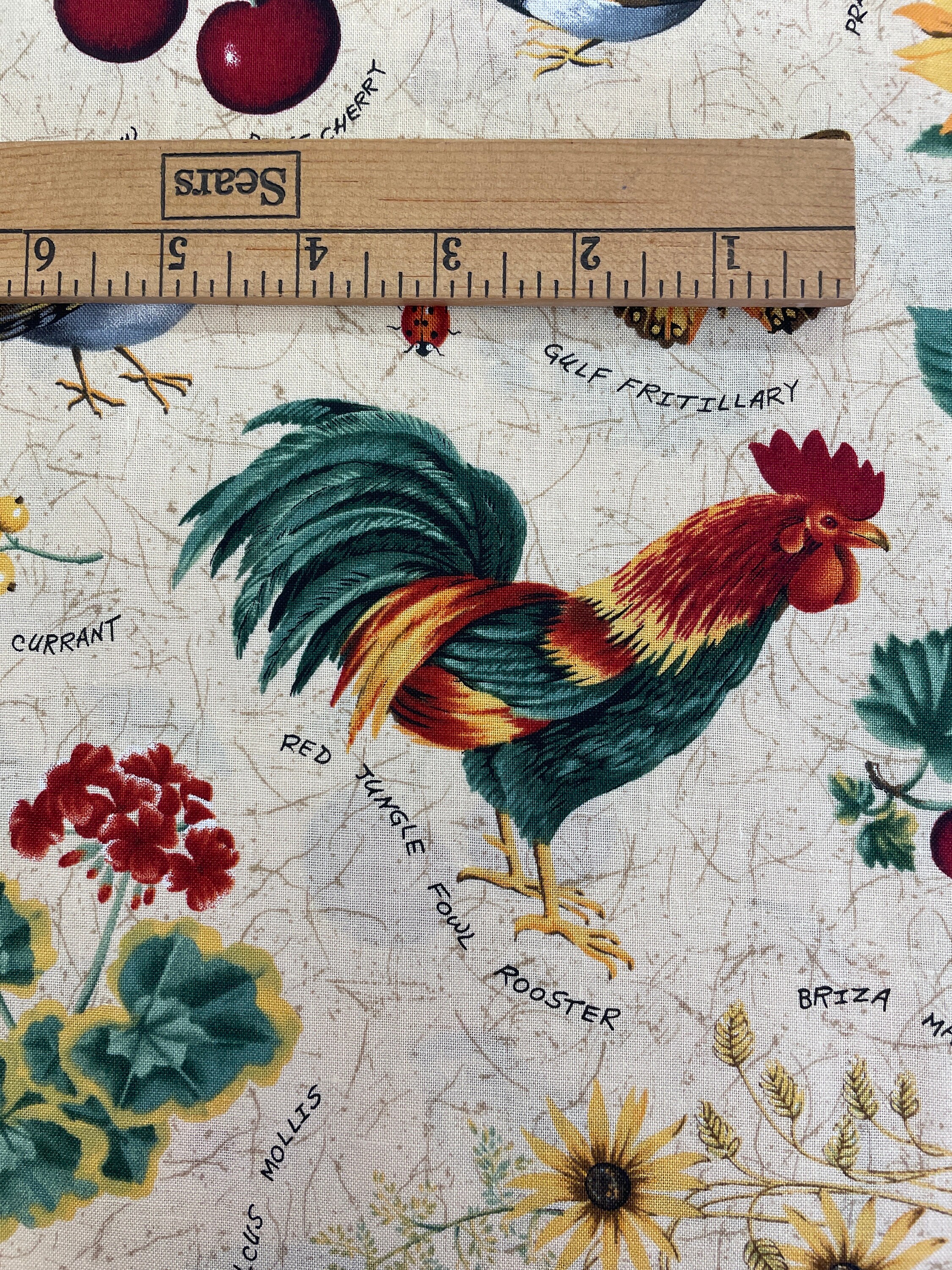 Rooster Fabric With Birds Bees Flowers and Fruit by Robert - Etsy