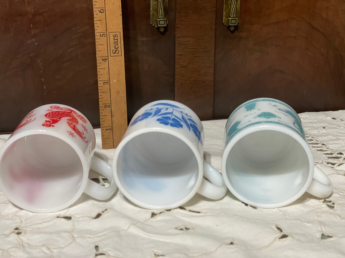 Vintage Milk Glass Coffee Cups Rooster Blue Cornflower and - Etsy