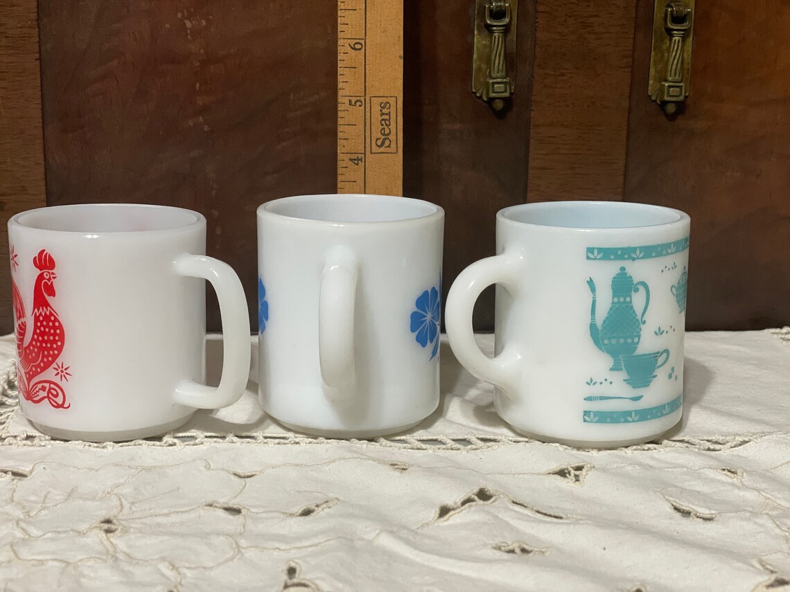 Vintage Milk Glass Coffee Cups Rooster Blue Cornflower and - Etsy
