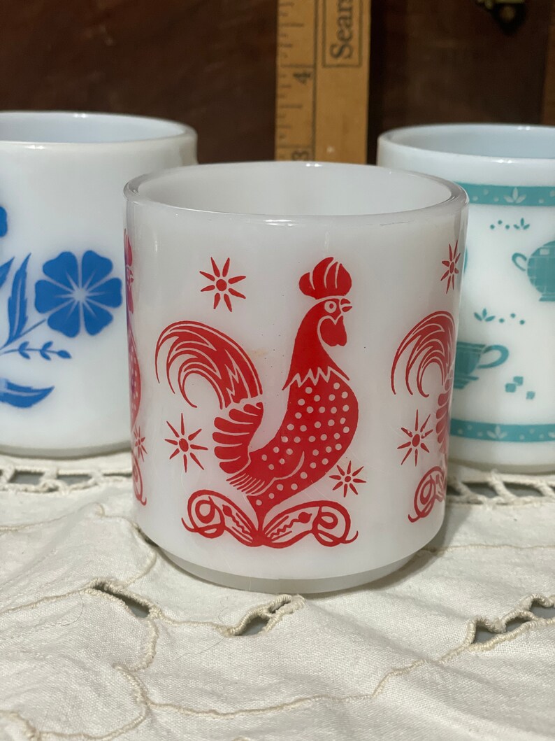 Vintage Milk Glass Coffee Cups Rooster Blue Cornflower and | Etsy
