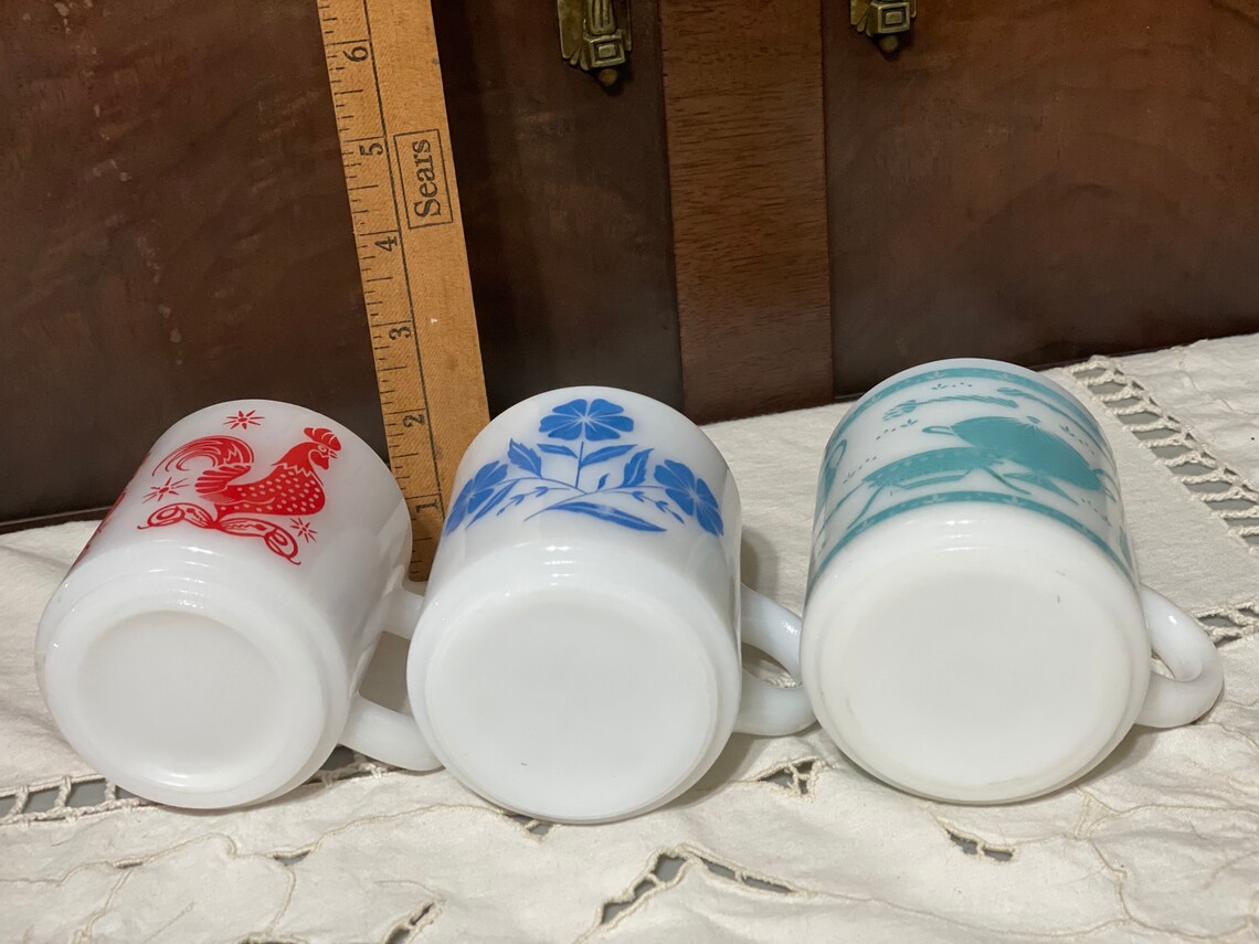 Vintage Milk Glass Coffee Cups Rooster Blue Cornflower and - Etsy