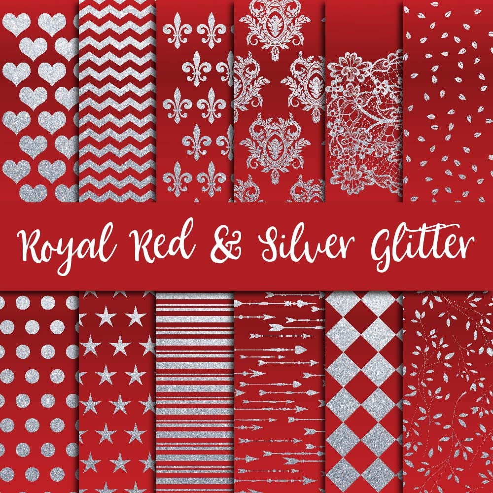 Royal red & silver digital paper silver glitter pattern | Etsy