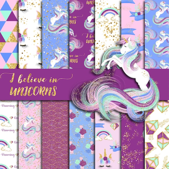 Gold glitter unicorn digital paper in jpg format, pink and mint ...