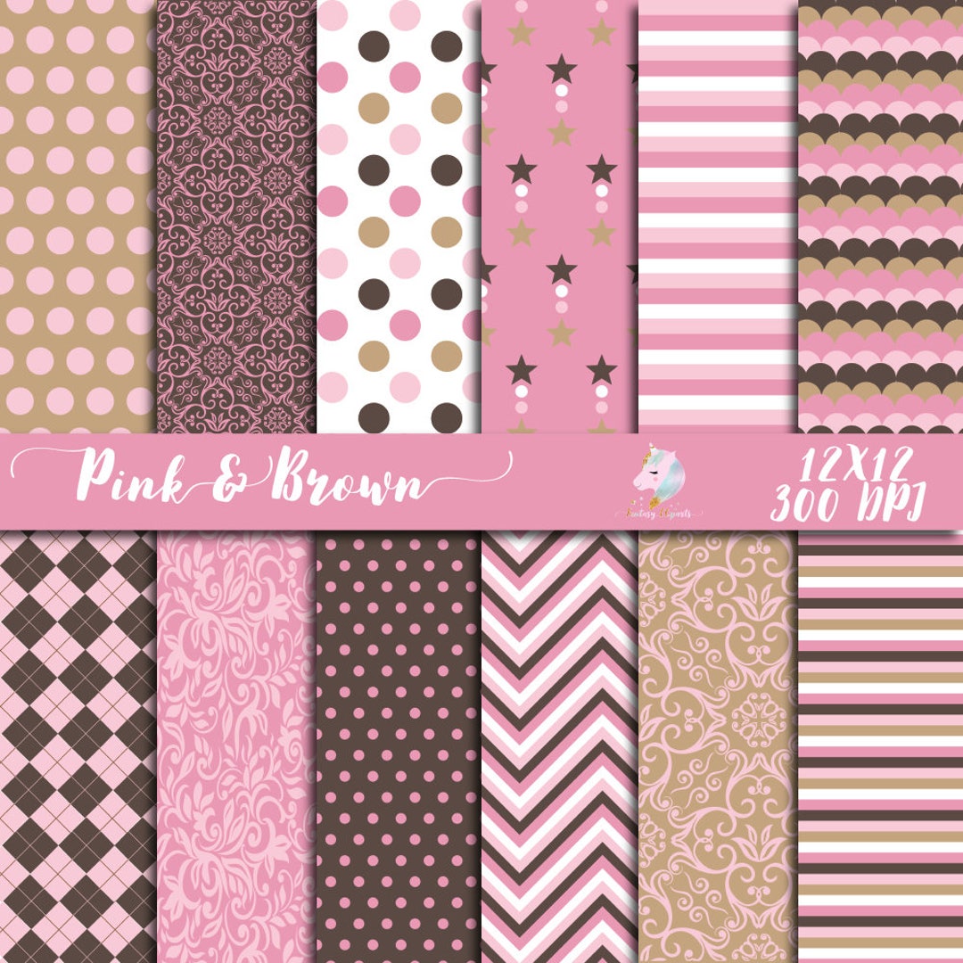 Pink and Brown Paper, Digital Paper, Pink Paper Pack, Brown Damask ...