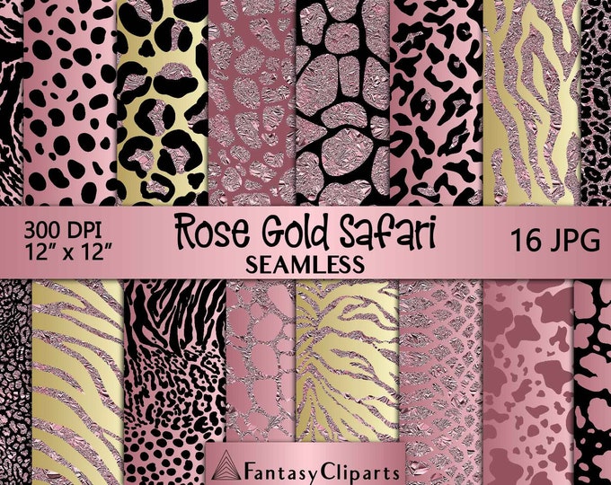 Gold Glitter Safari Digital Paper, Seamless Animal Print Patterns ...