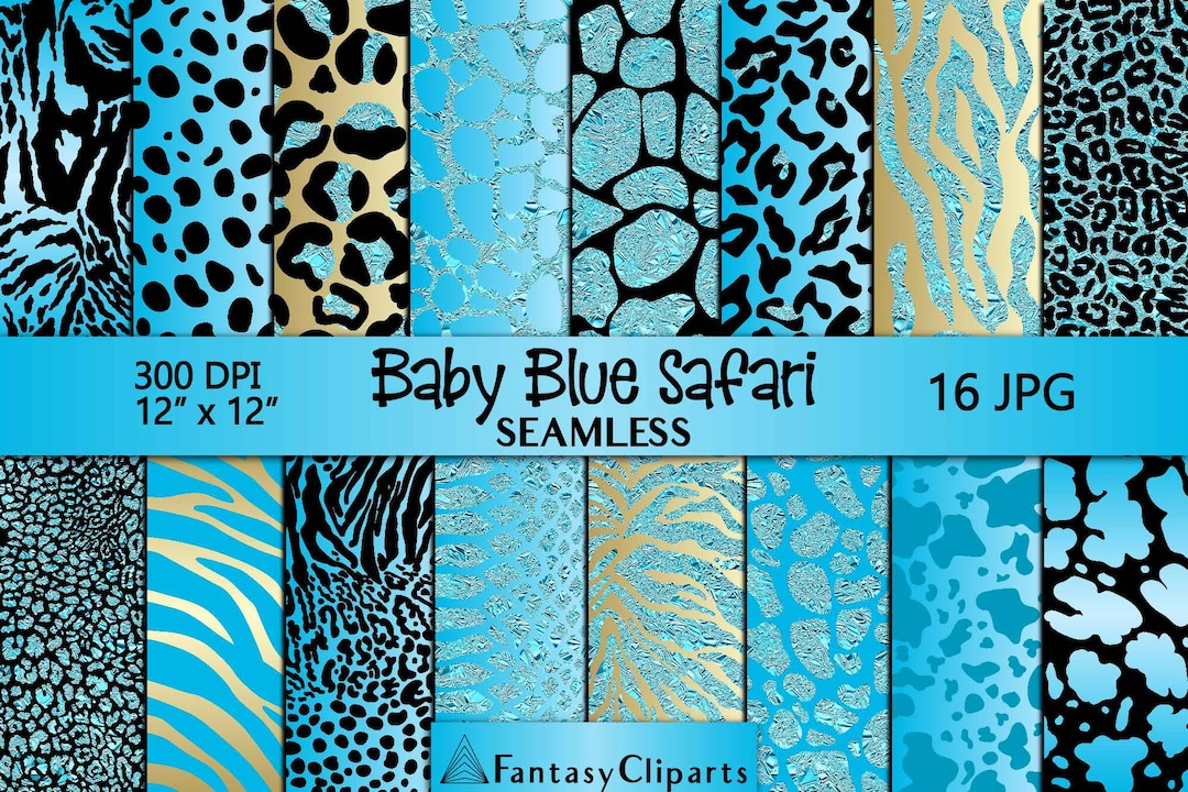 Baby Blue Glitter Safari Animal Print Digital Paper | Sky Blue Cheetah ...