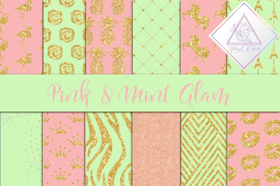 Pink Mint Paper, Digital Paper Pack, Sparkling Texture, Gold Glitter ...