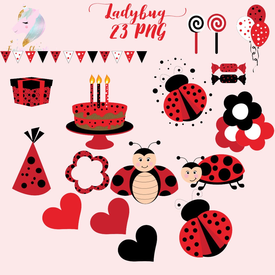 Ladybug Clipart, Cute Ladybugs Set, Red Frame Png, Birthday Cake, Party ...