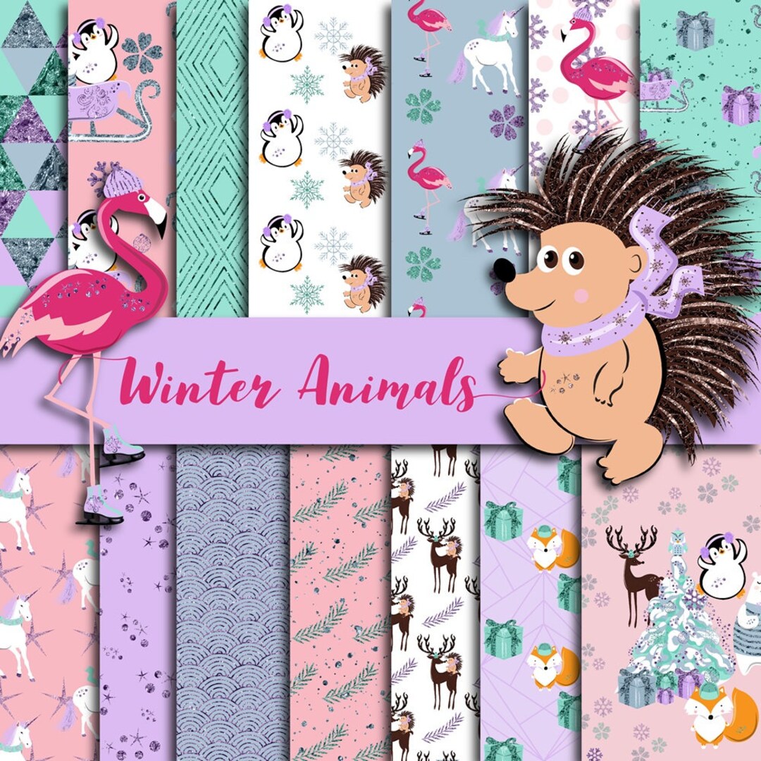 Woodland Animals, Digital Paper, Winter Forest, Animal Clipart, Glitter ...