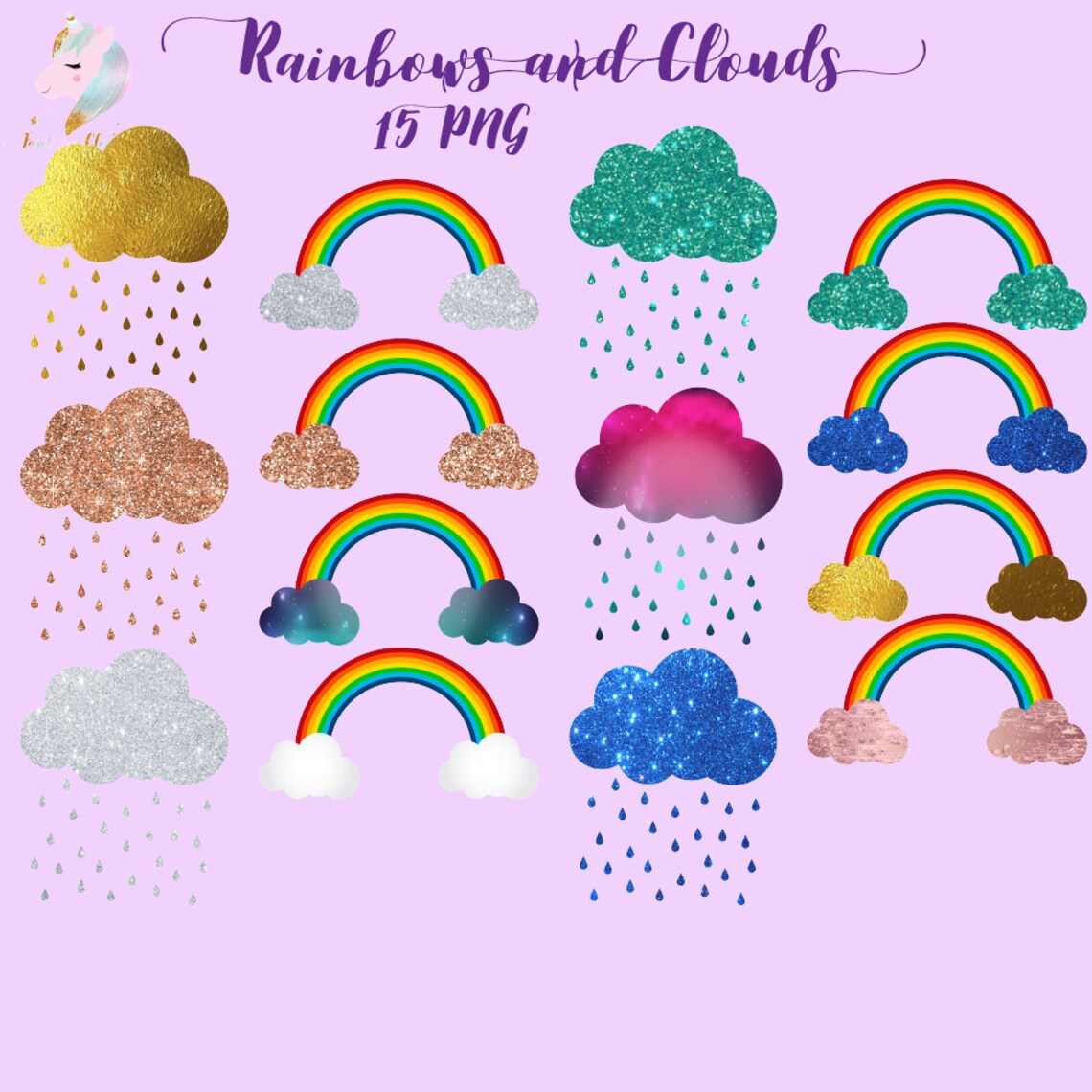 Rainbow Clipart Rainy Clouds Clip Art Gold Glitter Png Gold - Etsy
