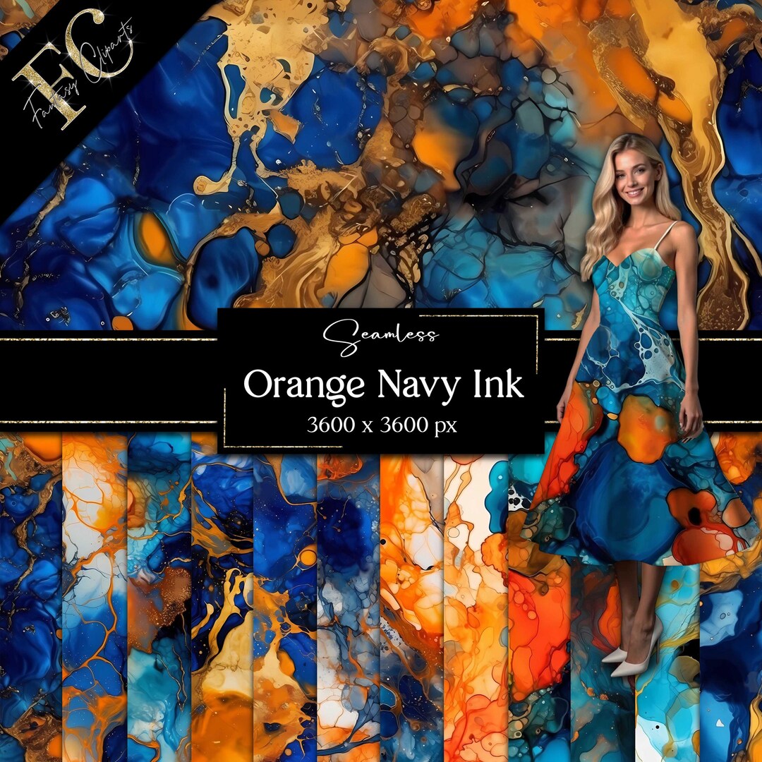 Blue Orange Alcohol Ink Digital Paper | Navy Gold Seamless Patterns ...