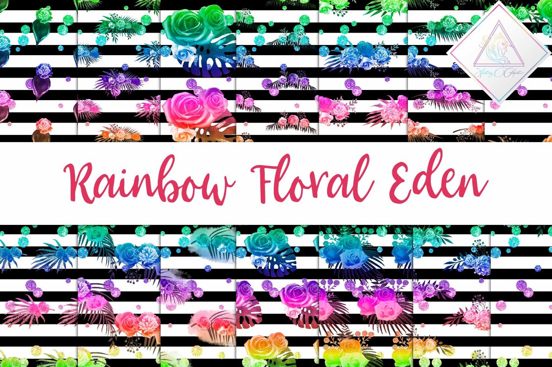 Rainbow Floral, Eden Digital Paper, Black White Stripes, Roses ...