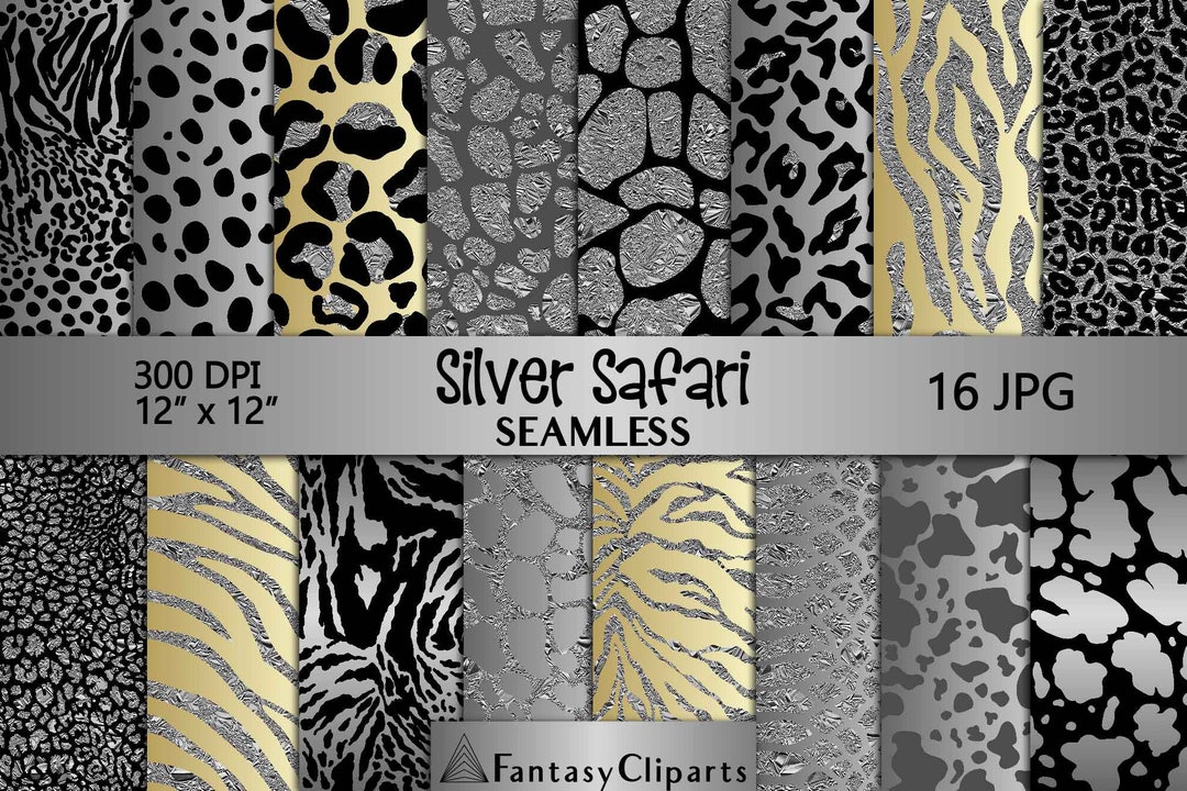 Silver Glitter Safari Animal Print Digital Paper | Grey Cheetah ...