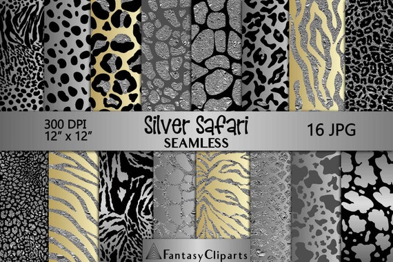 Silver Glitter Safari Animal Print Digital Paper | Grey Cheetah ...