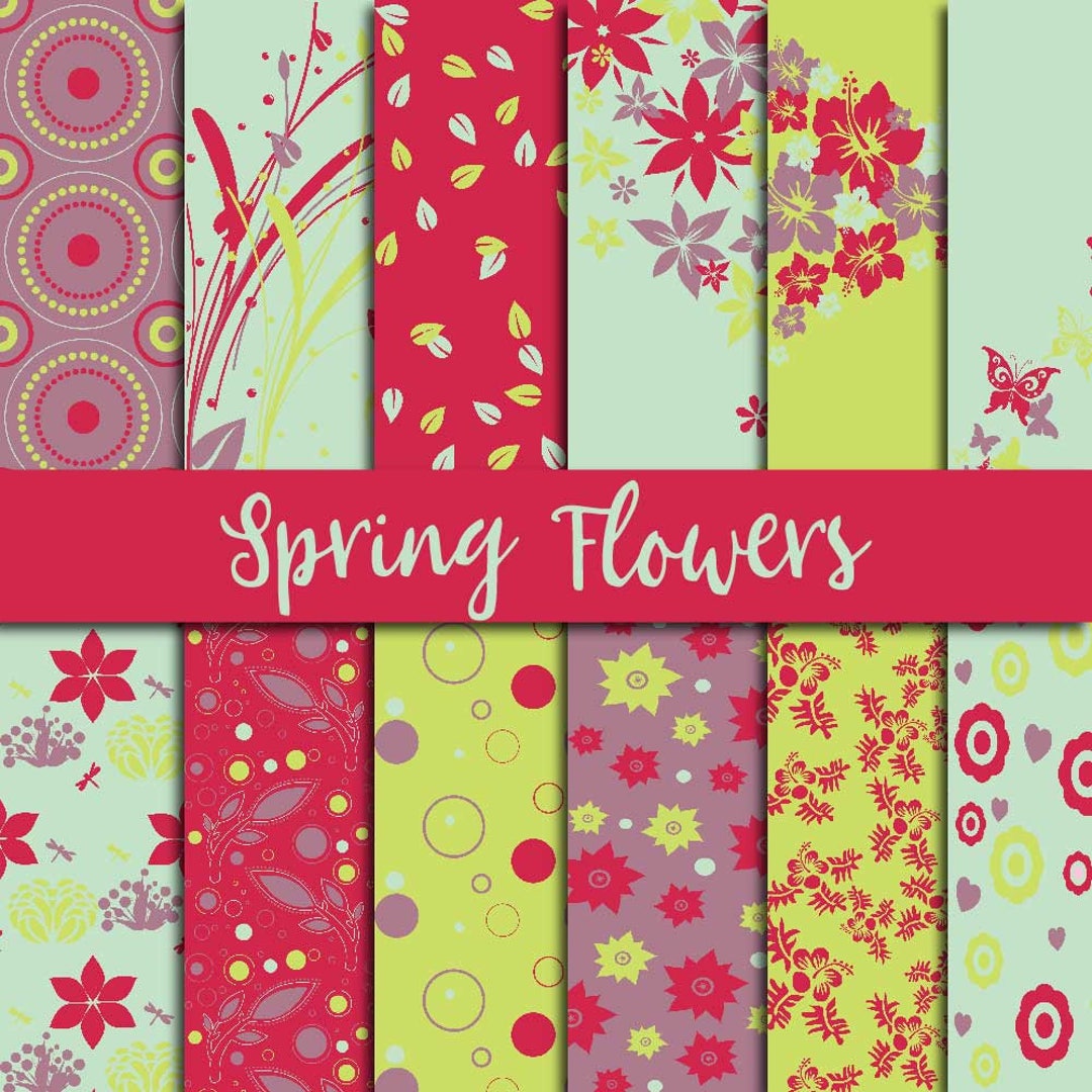 Spring Flowers, Digital Paper, Mint Backgrounds, Pink Flower Pattern ...