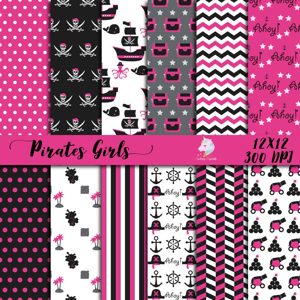 Pirate Digital Paper Pirates Girls Cute Pirates Jpg Black - Etsy