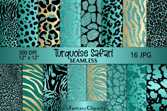 Turquoise Glitter Safari Animal Print Digital Paper | Teal Cheetah ...