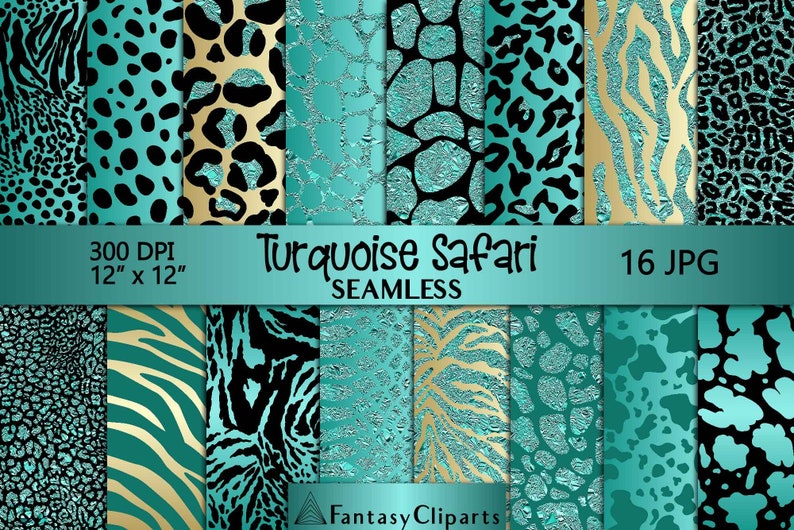 Turquoise Glitter Safari Animal Print Digital Paper | Teal Cheetah ...
