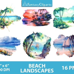Beach Landscapes Overlay Clipart | Watercolor Hand Painted Tropical ...