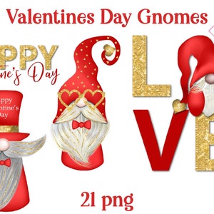 Valentines Day, Gnomes Clipart, Nordic Scandinavian, Red Gnomies, Gold ...