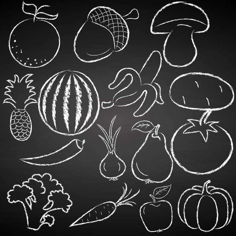Fruit and Veggies in Chalk Effect White Chalkboard Doodles - Etsy