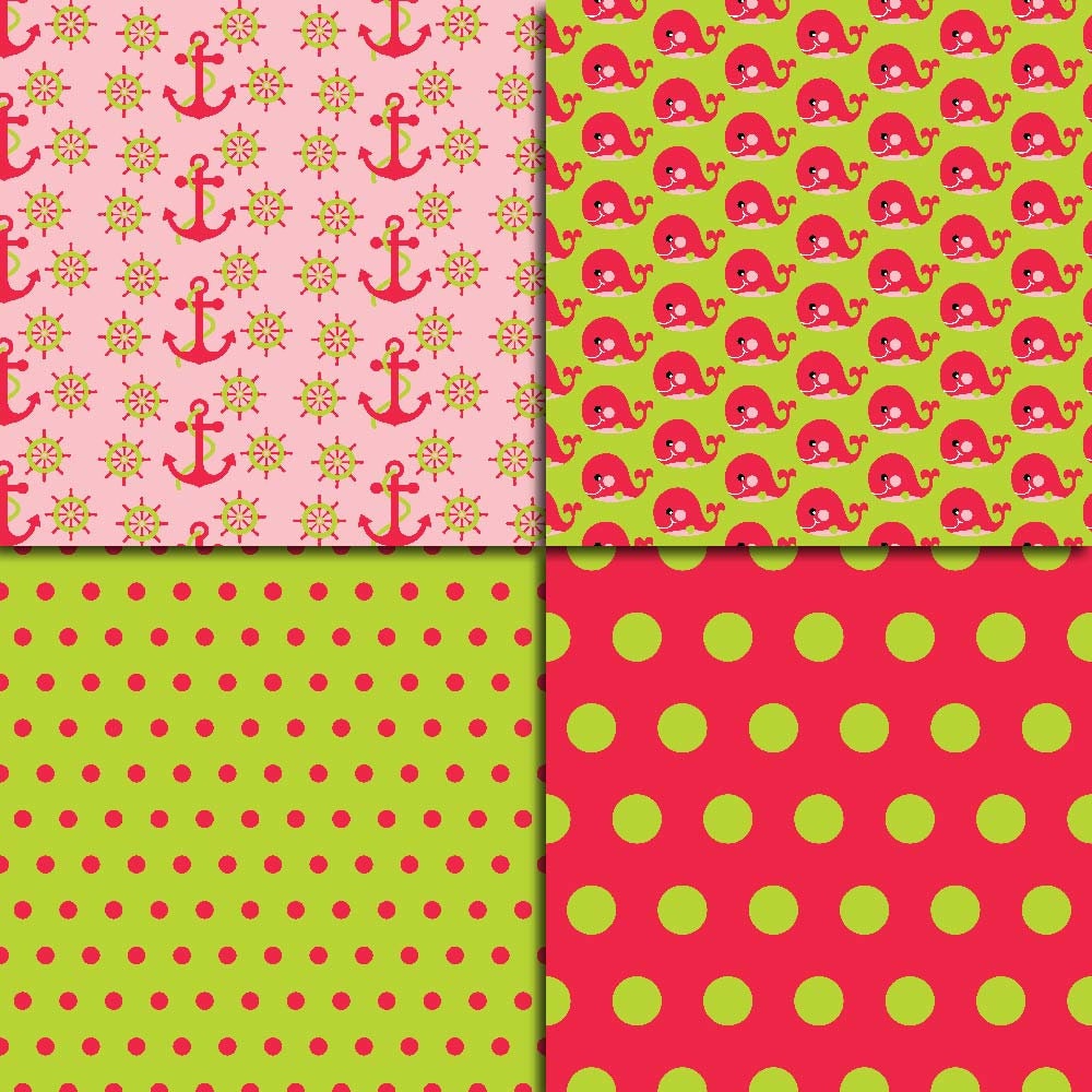Nautical Girl Digital Paper Pink Anchor Green Polka Dots - Etsy