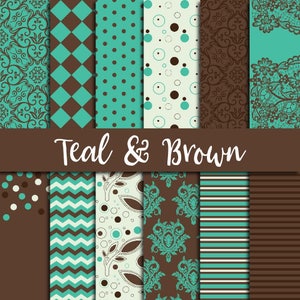 Teal and Brown Digital Paper in Jpg Format, Floral Patterns Made by ...