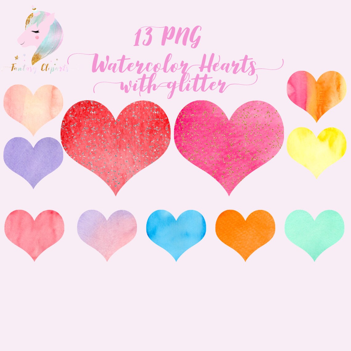 Watercolor Hearts Clipart Made by Fantasy Cliparts With Golden | Etsy