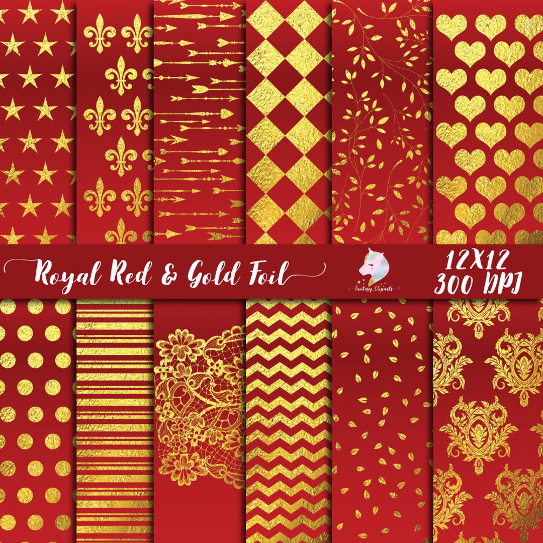 Royal Red Paper Pack, Digital Paper, Gold Foil Pattern, Scrapbook Paper ...