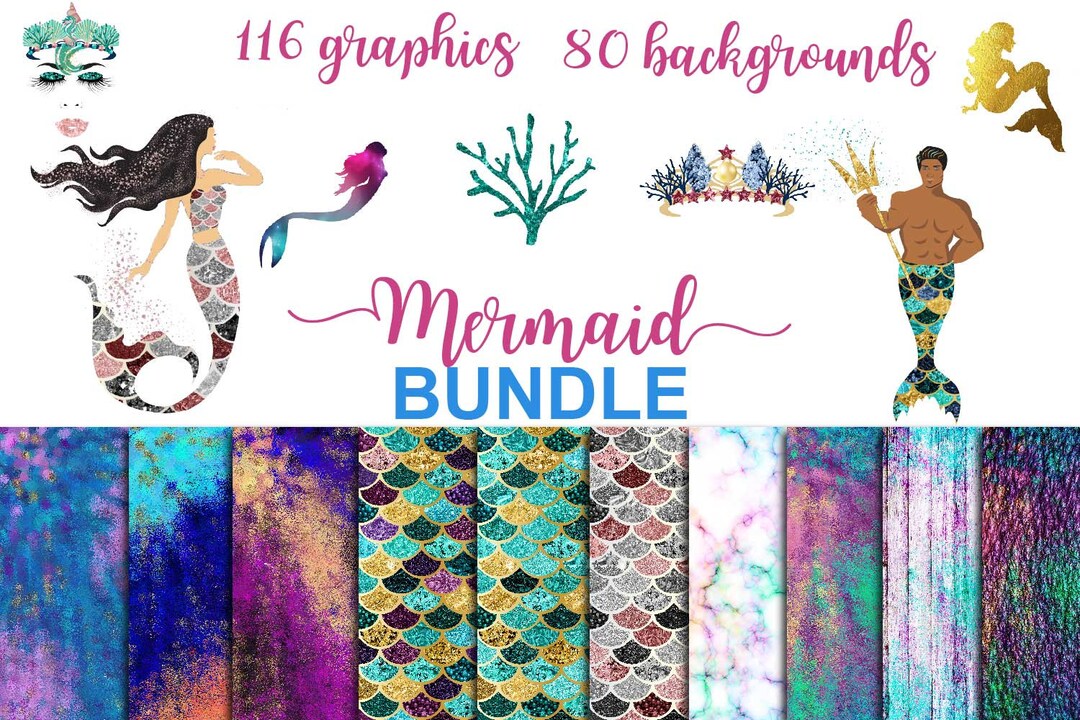 Huge Bundle of Mermaid Clipart and Digital Papers, Mermaid Graphics and ...