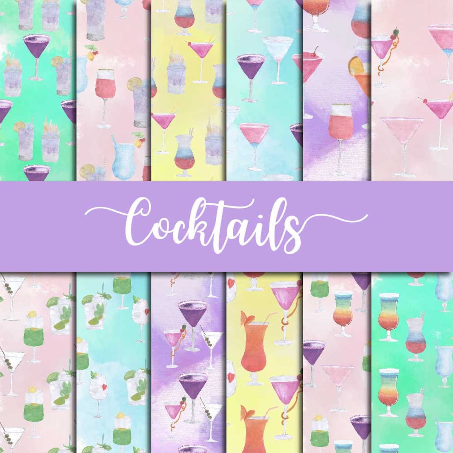 Cocktail Paper, Digital Paper, Cocktails Graphics, Watercolor Textures ...