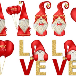 Valentines Day, Gnomes Clipart, Nordic Scandinavian, Red Gnomies, Gold ...
