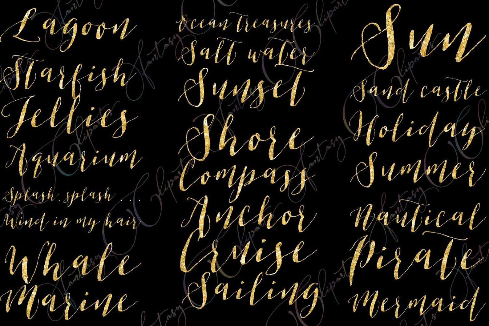 Ocean Word Art in Png, Sea Life Common Words Clipart in Gold Glitter ...
