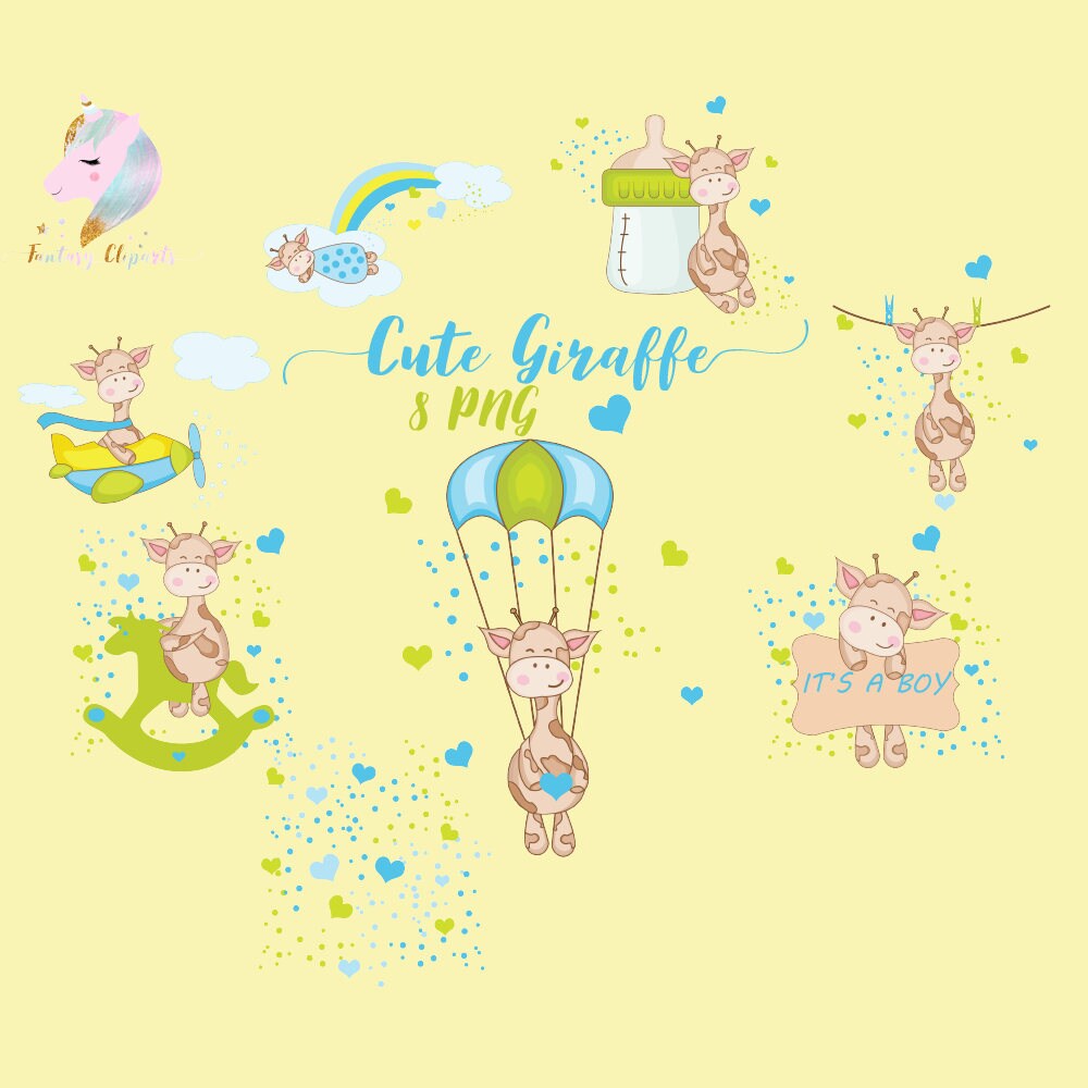 Cute babies giraffe clipart for baby shower boy in png format | Etsy