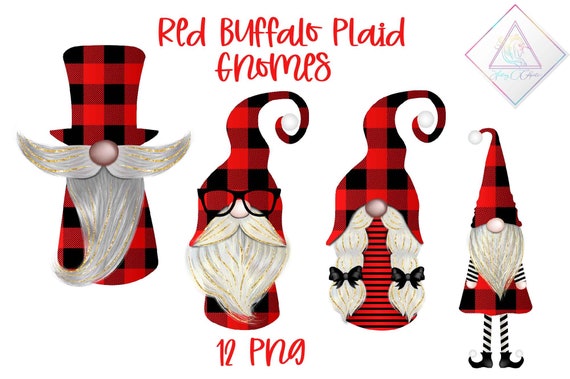 Red buffalo plaid, gnomes clipart, nordic scandinavian, rustic gnomies ...