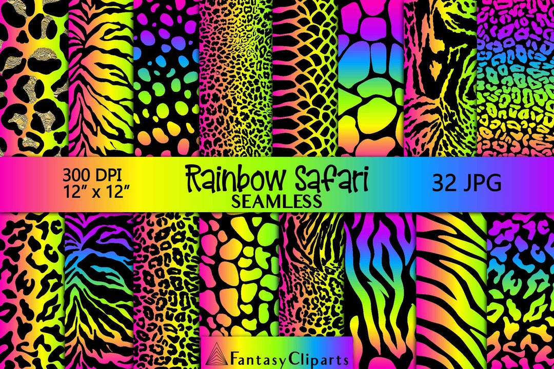 Neon Animal Print Digital Paper | Rainbow Safari Seamless Pattern ...