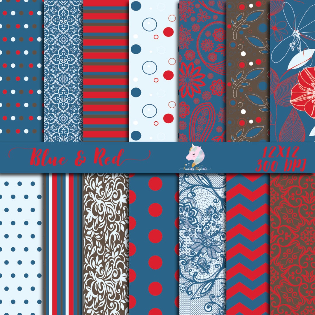 Blue Red Paper Pack, Winter Digital Paper, Floral Pattern Set, Flower ...