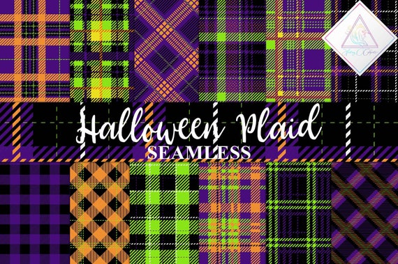 Halloween plaid, neon digital paper, seamless patterns, purple tartan ...