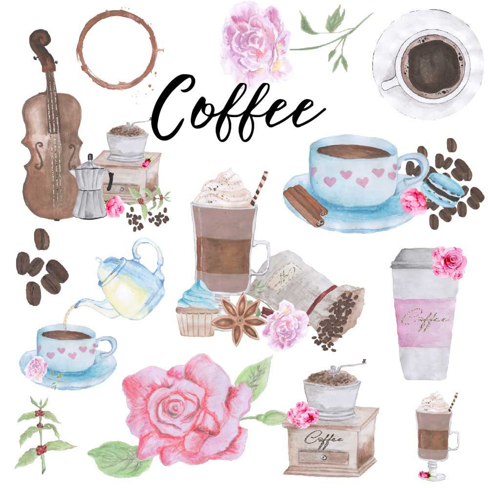 Coffee clipart watercolor clip art hand drawn graphics | Etsy