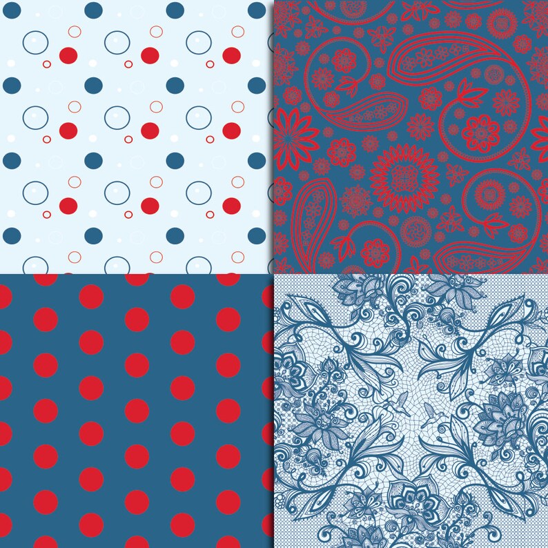 Blue Red Paper Pack Winter Digital Paper Floral Pattern Set - Etsy