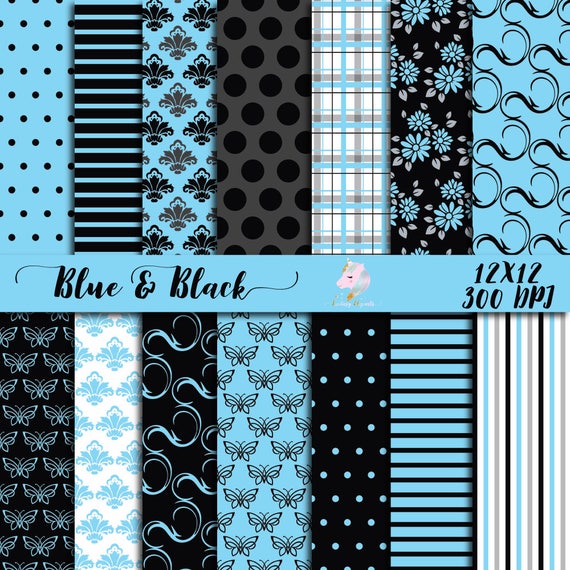 Blue and black, digital paper, butterflies pattern, sky blue plaid ...