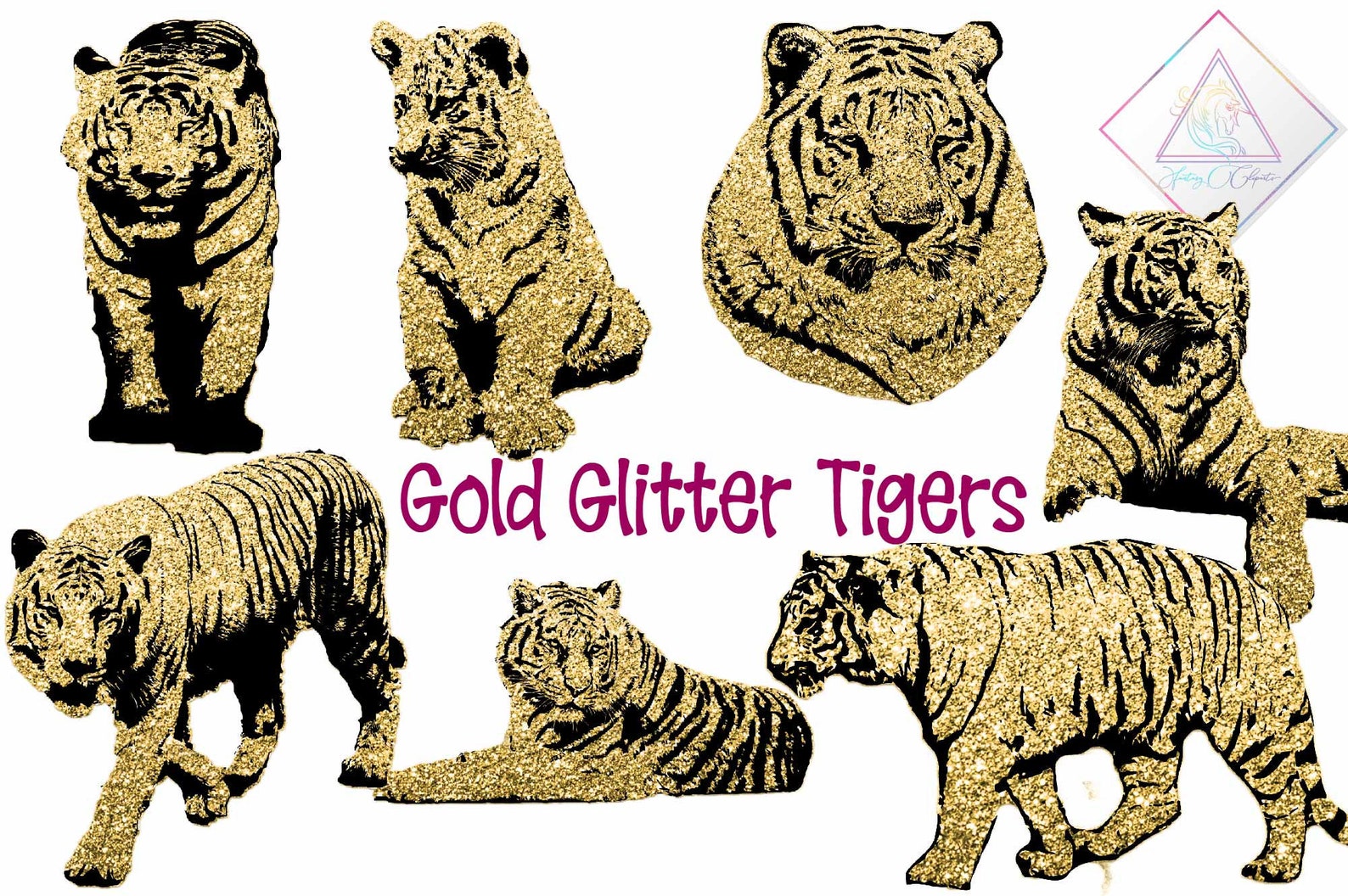 Gold glitter tiger animals clipart wild africa zoo asian | Etsy