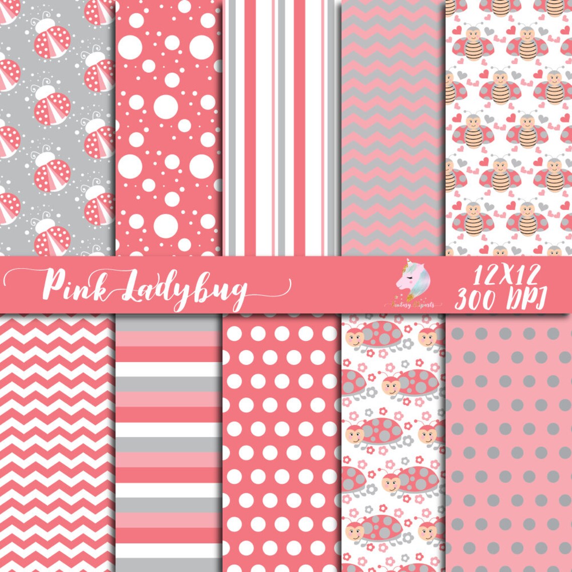 Pink Cute Ladybug Bug Digital Paper Gray Backgrounds White | Etsy